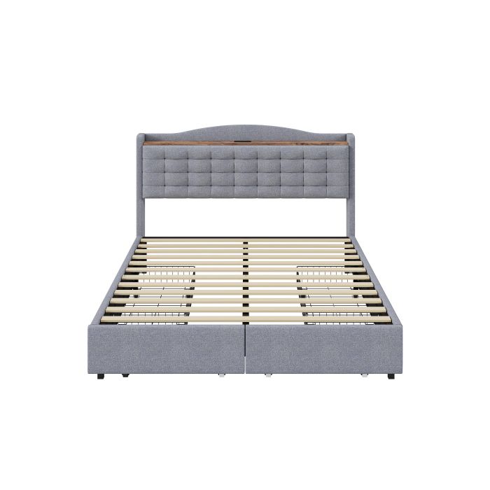 Lit Double 140x200cm Sans Matelas Gris Lit Tissu Lin USB 4 Tiroirs ...