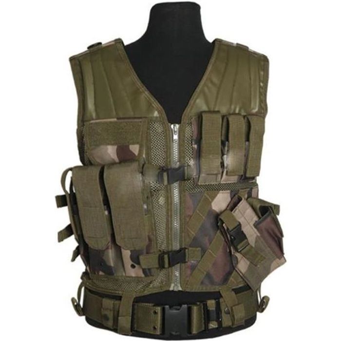 GILET VESTE TACTIQUE CAMOUFLAGE WOODLAND MULTI POCHES AVEC HOLSTER ET ...