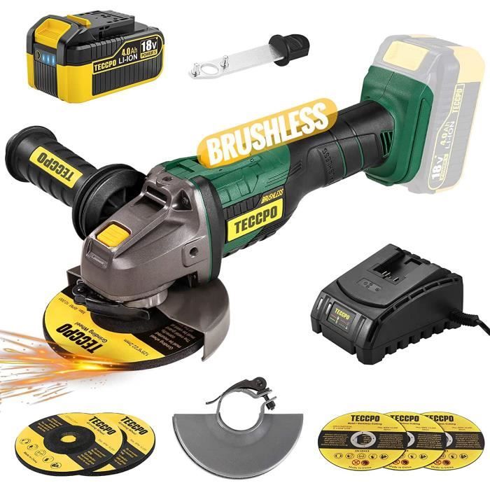 TECCPO Meuleuse D'angle Sans Fil Brushless, Disqueuse 125mm, Batterie 4.0Ah, 10000 RPM, Chargeur ...