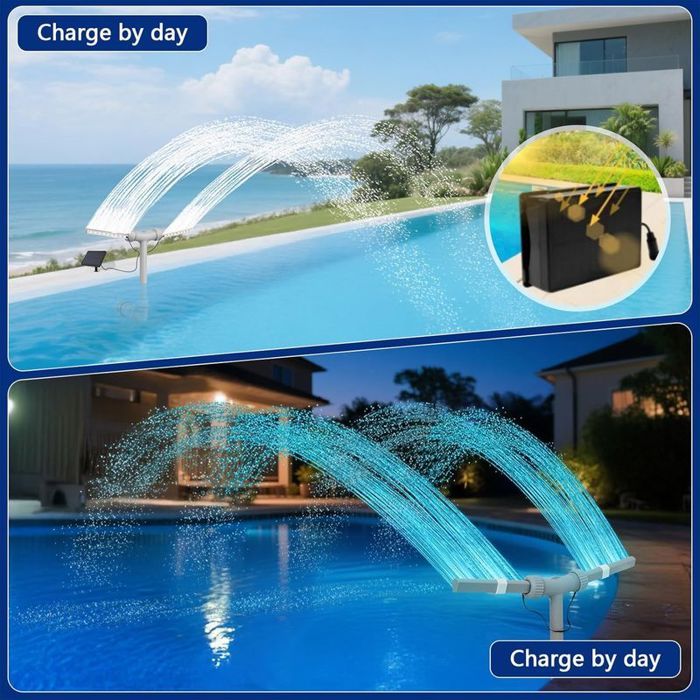 Fontaine solaire piscine LED, double jet haute pression, cascade ...