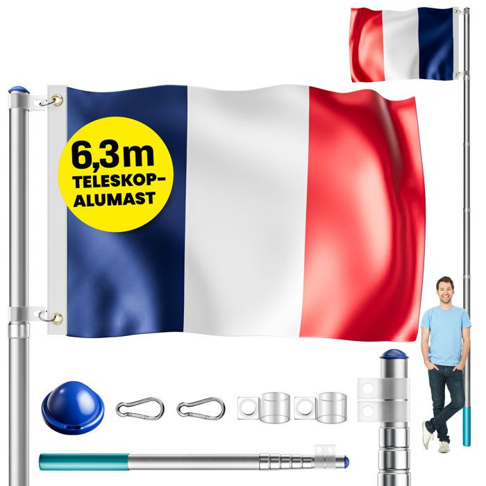 MONZANA® Mât de drapeau télescopique aluminium 6,3m douille sol 60cm ...