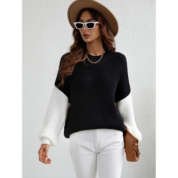 CRAZE Pull femme automne et hiver col rond solide épissé pull ample ...