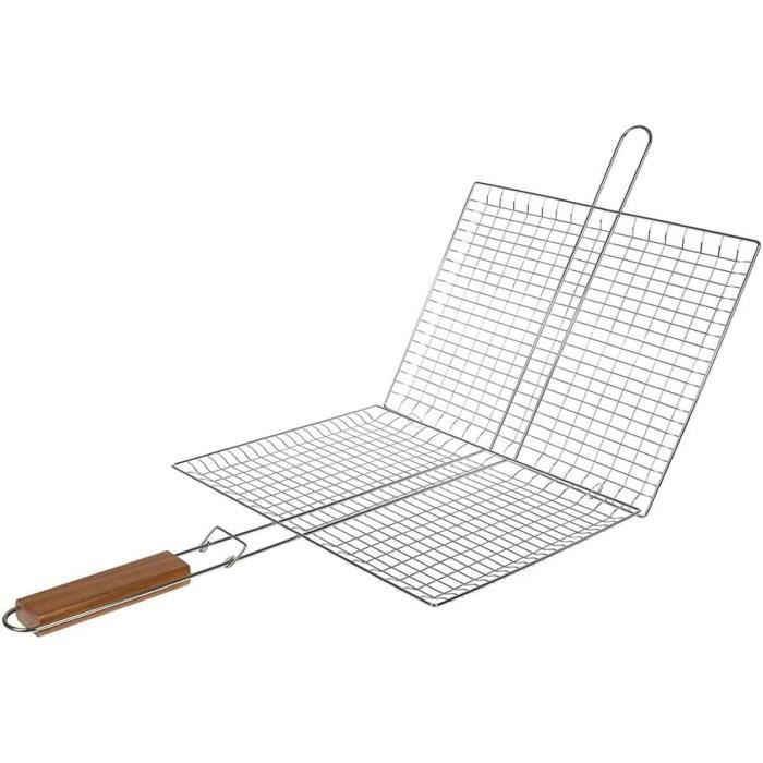 1091 Grille de Barbecue Double Quadrillé Inox Poignée Bois Argent 2 x ...