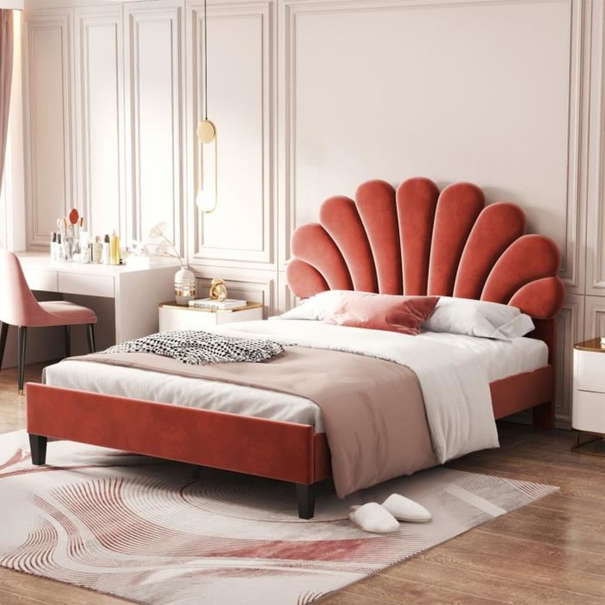 Lit double 140x200 cm avec tête de lit en forme de fleur, structure de ...