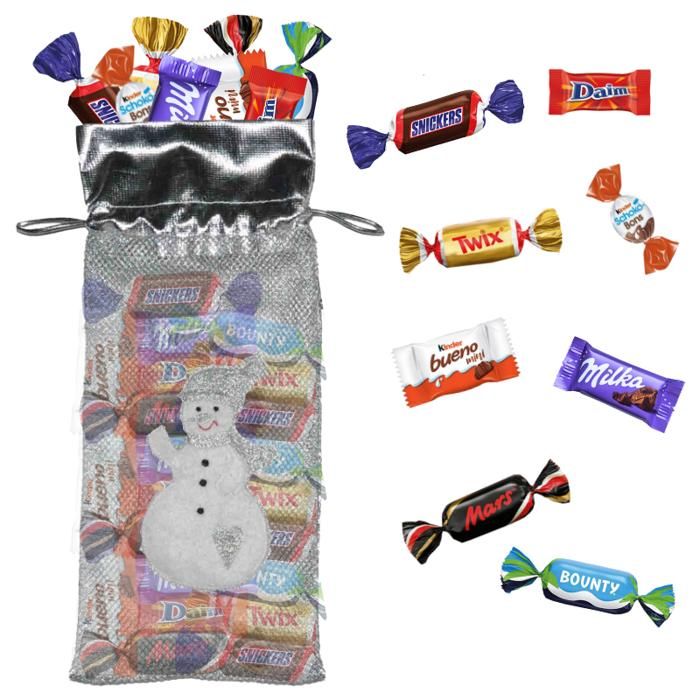 Sac résille de Noël gris, garni de 60 chocolats Kinder, Daim, Milka ...