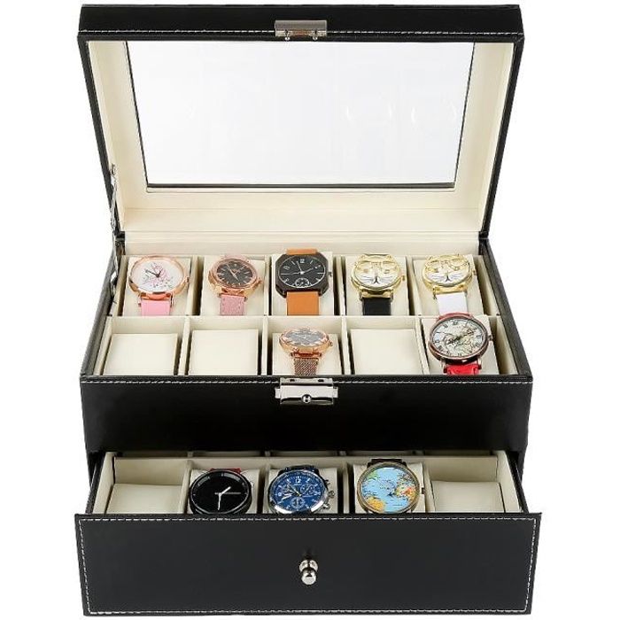 Coffret / Présentoir à Montre / Bijoux en Faux Cuir 20 Montres Noir ...