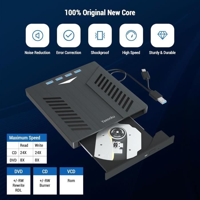 Lecteur CD DVD Externe USB 3.0 TypeC CD DVD +RW Lecteur Optique Ultra ...