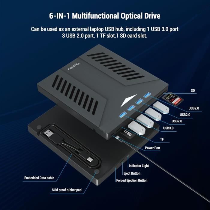 Lecteur Cd Dvd Externe Usb Typec Cd Dvd Rw Lecteur Optique Ultra Slim Drive Avec Ports
