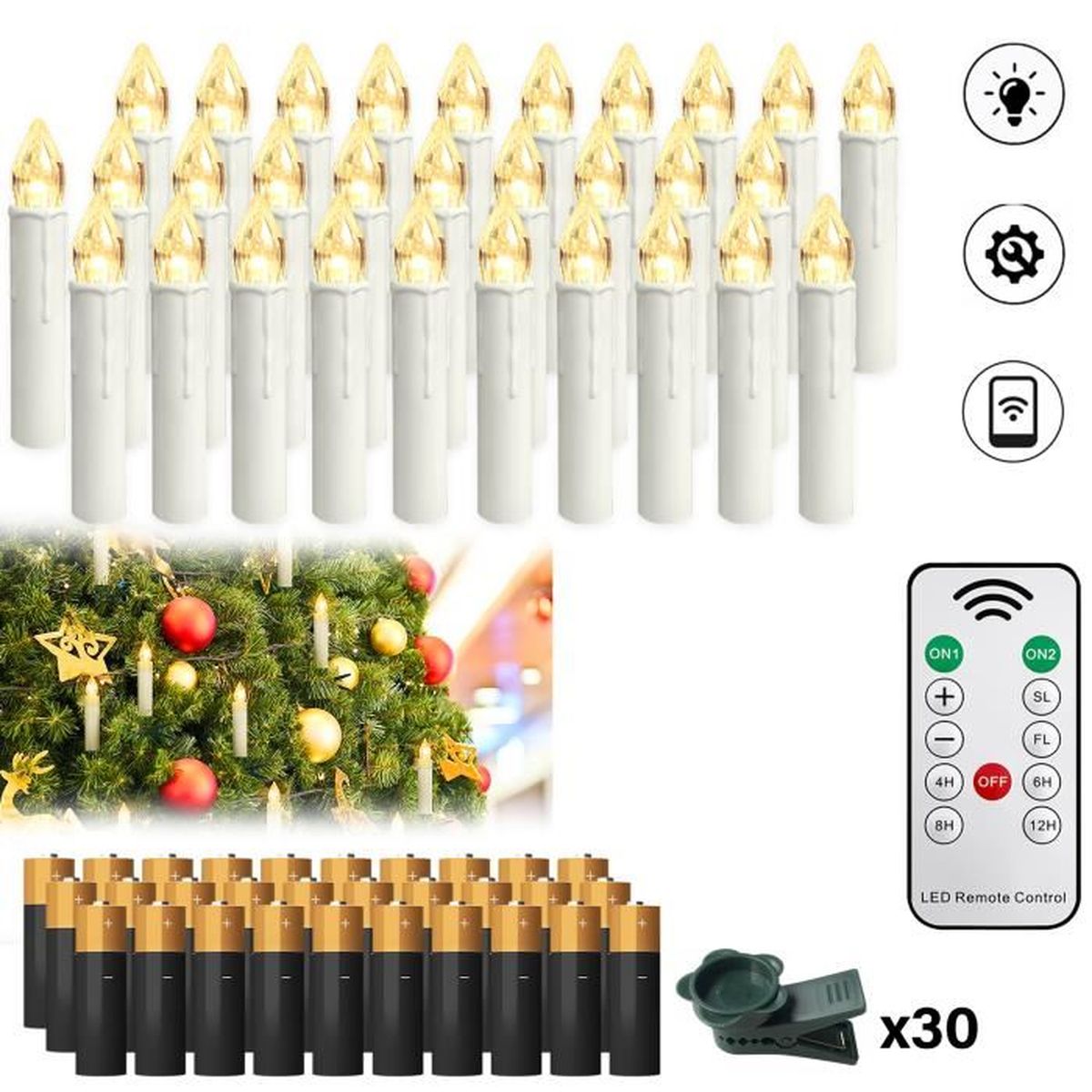 30 bougies LED avec télécommande Bougies de Noël sans fil avec piles & Minuterie pour décoration ...