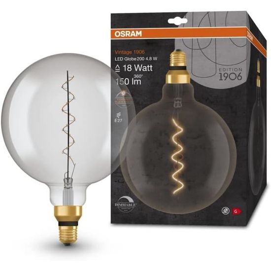 Osram Vintage 1906 Smoke Tinted Led Lamp, 4.8W, 360Lm, Globe Shape With 200Mm Diameter & E27 ...