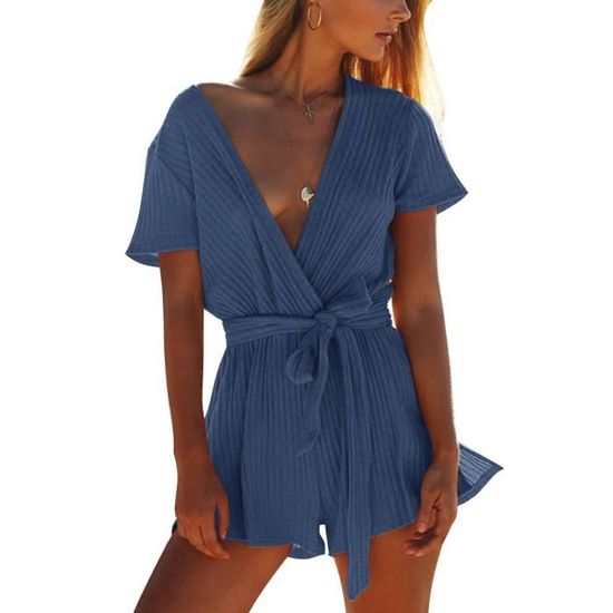 Minetom Chic Casuel Été Combishort Femme Manches Court Col en V Romper ...