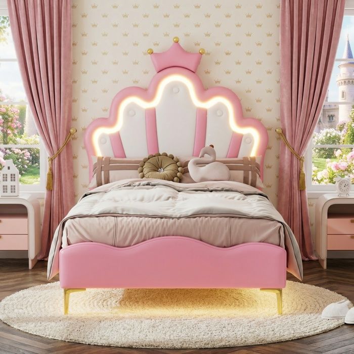 Lit fille 90x200cm avec led - Lit enfant avec tête de lit couronne ...