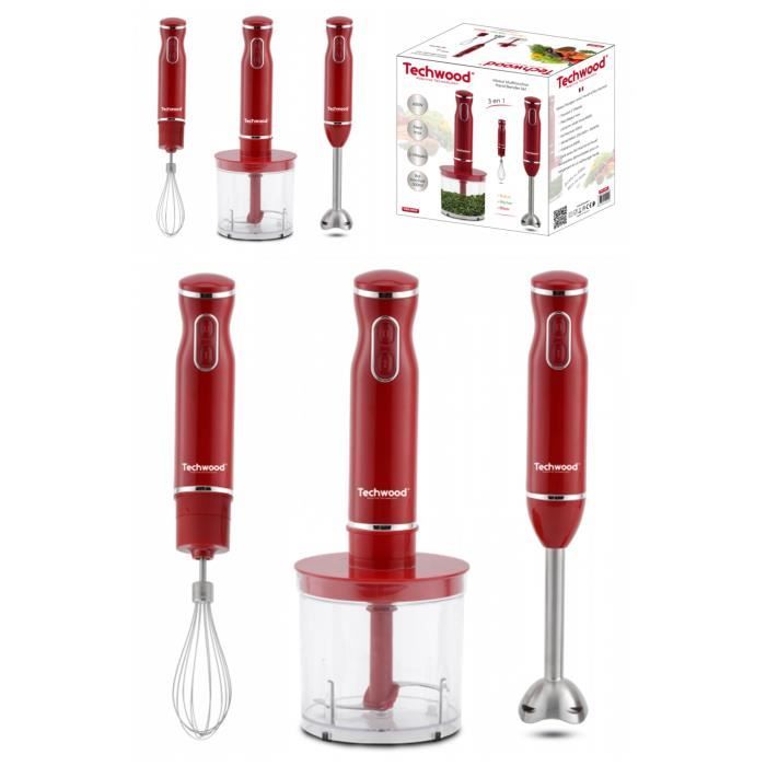 Mixeur Plongeant ROUGE 3 en 1 Plongeur 600W Fouet Hachoir 500 mL Lame en acier inoxydable 600W ...