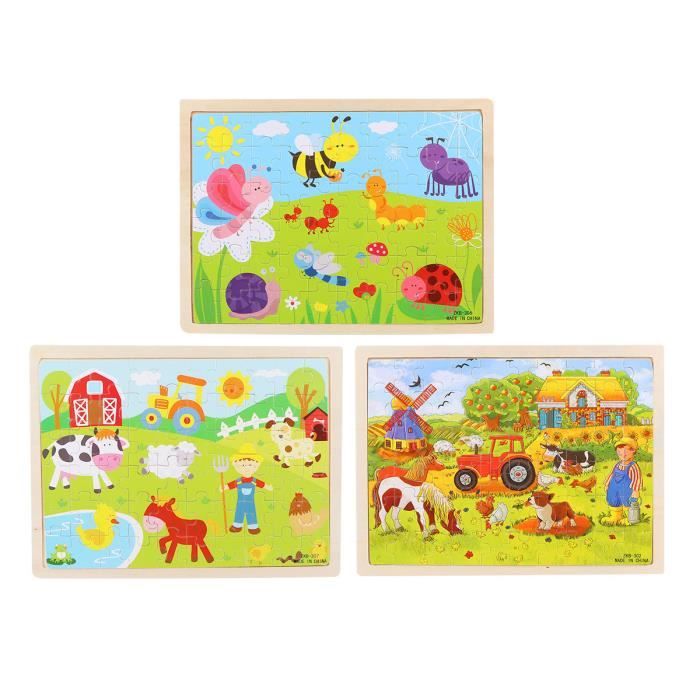 3 ensembles de puzzles en bois dessin animé éducatif coloré ferme ...