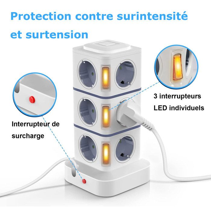 2500W Tour Multiprise Électrique,Tour Multiprise Parafoudre avec 12 ...