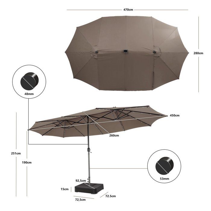 Parasol de Jardin Double XXL 48 LED - COSTWAY - 470 x 280 x 246 cm ...