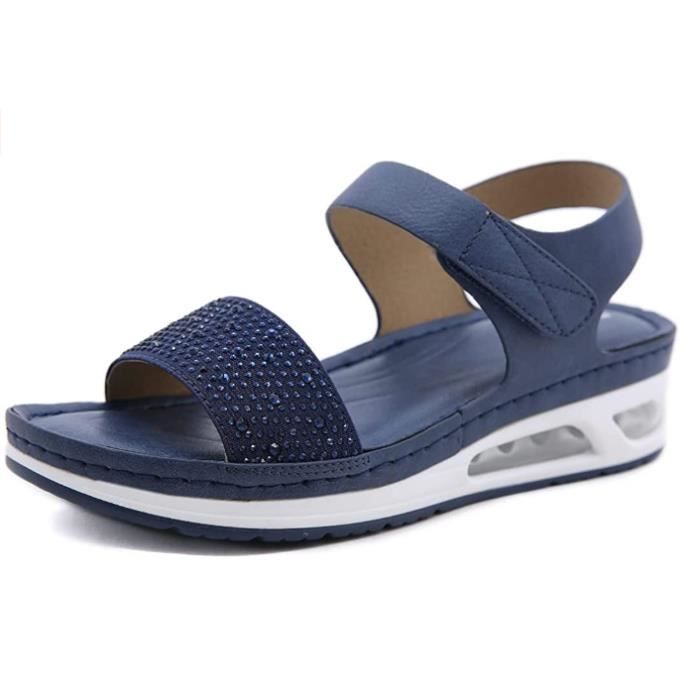 Sandales Femme Bleu - Talon Compensé - Plateforme Strass - Confortables ...
