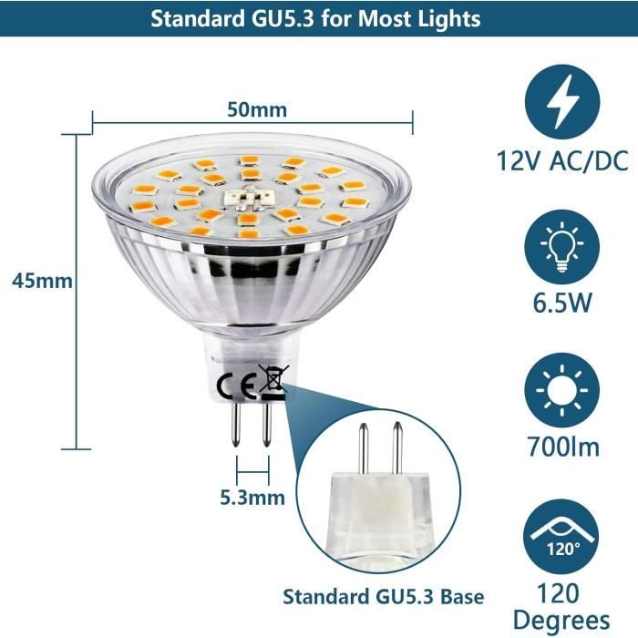 Ampoule LED GU5.3 MR16 6.5W Équivalent Halogène 60W,Spot LED AC-DC 12V 700LM,Ampoule a ...