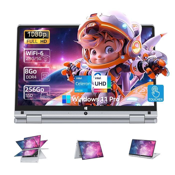 PC portable 12"-écran tactile rotation 360°-Intel Celeron-RAM 8 Go DDR4 256 Go SSD-Ordinateur ...