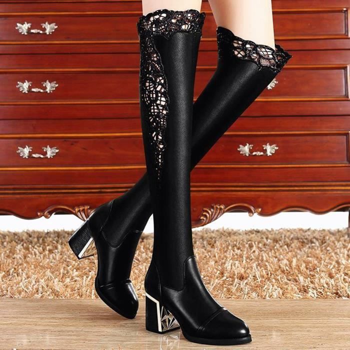 Femmes chaud solide rétro dentelle talon haut bout rond bottes ...