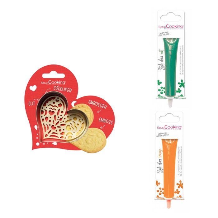 Kit pour biscuit en relief Coeur + 2 Stylos au chocolat vert et orange ...