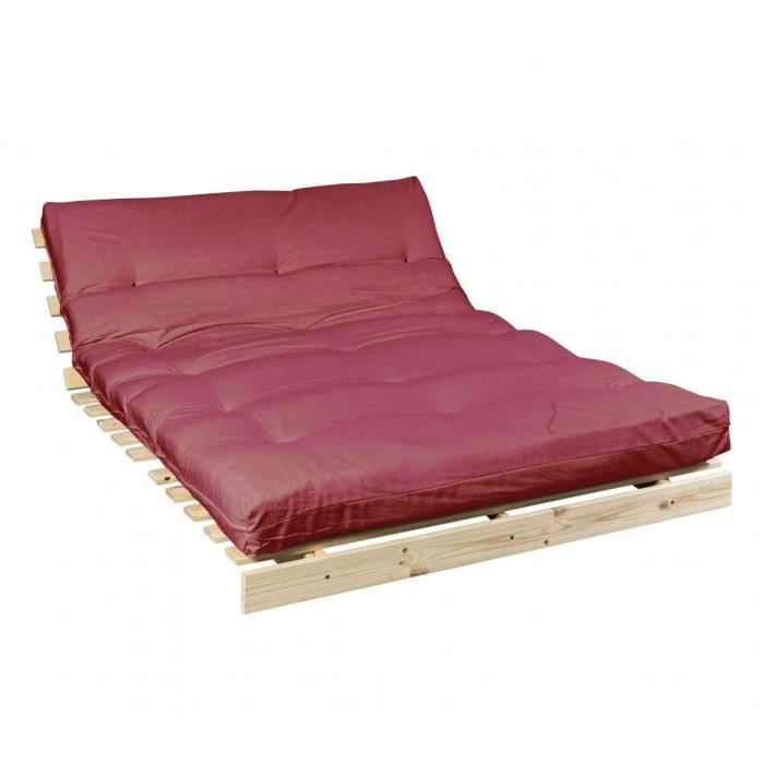 Pack futon matelas latex rouge structure en bois naturel 90x200 - Rouge ...