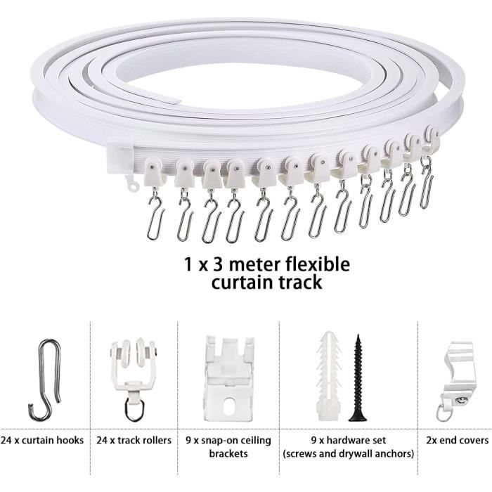 3M Rail Rideaux Tringle Rideau Flexible Rail de Rideau Flexible avec 24 ...