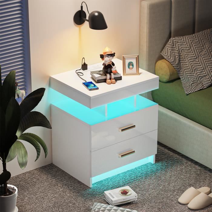 Table de nuit moderne avec 2 tiroirs, prises européennes et bande ...