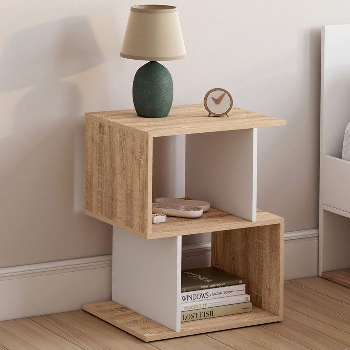 IDMARKET Lot de 2 tables de chevet SOFIA forme S avec rangements ouverts effet hêtre et blanc ...