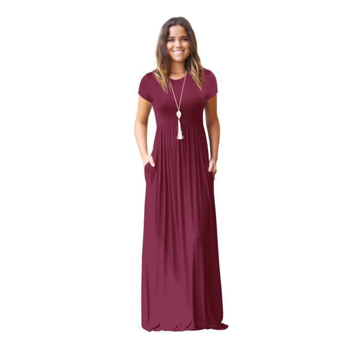 Robe Longue Femme Ete Manches Courtes Col Rond Casual Robe Couleur Unie ...