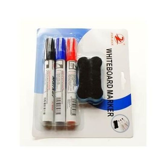 Lot de 3 marqueurs effacables a sec pour tableaux blancs + 1 tampon - Cdiscount Beaux-Arts et ...