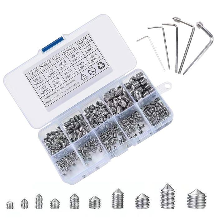 290 Pièces Vis Sans Tête Hexagonale Acier Inoxydable Allen Vis Pointeau ...