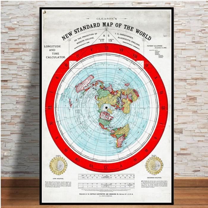 Tableau - Gleason - Carte de la terre plate - 50x75cm - Décoration ...