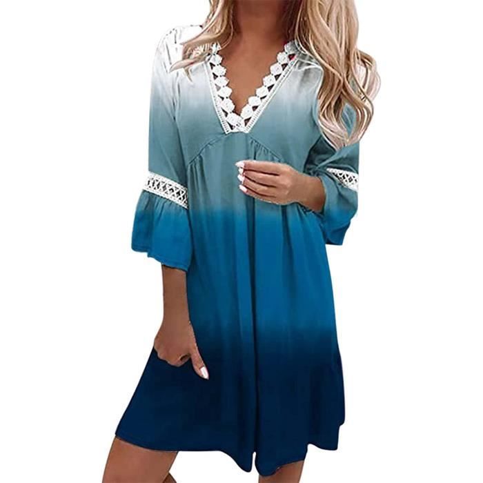 Robe Femme Générique - Villégiature Imprimée Dentelle - Col V Manches ...