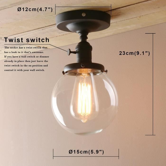 E27 Métal Applique Verre Boule Abat-Jour Lampe Rétro Industrial ...