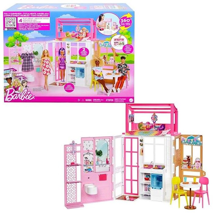 Barbie Coffret Maison De Poupée Meublée, 360 Degrés, 2 Niveaux Et 4 ...