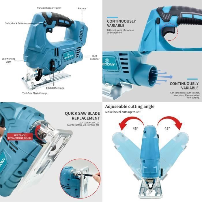MAWIRON Scie sauteuse avec courbe Sans brosse portable sans fil Avec 4 ...