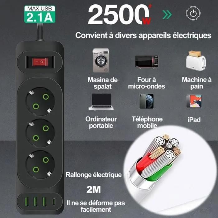 NEW Multiprise Électrique ,2500W, 3 USB A, 1 USB C, 2M, 3 Prises ...