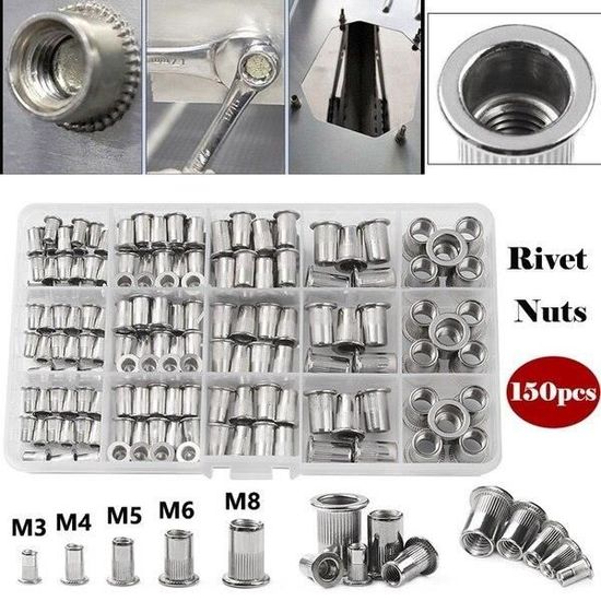 ECROU,150PCS Rivet Nuts--Kit'écrous à rivets M3-M4-M5-M6-M8, 1 pistolet ...