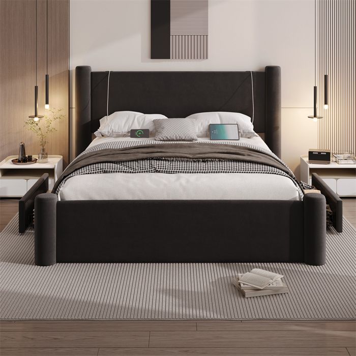 DRIPEX Lit double Noir 140×200cm en velours moderne,Lit rembourré avec ...