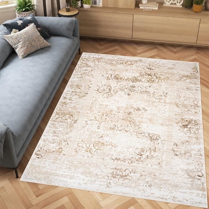 TAPISO Tapis de Salon Chambre HERA Beige Crème Marron Design Floral ...