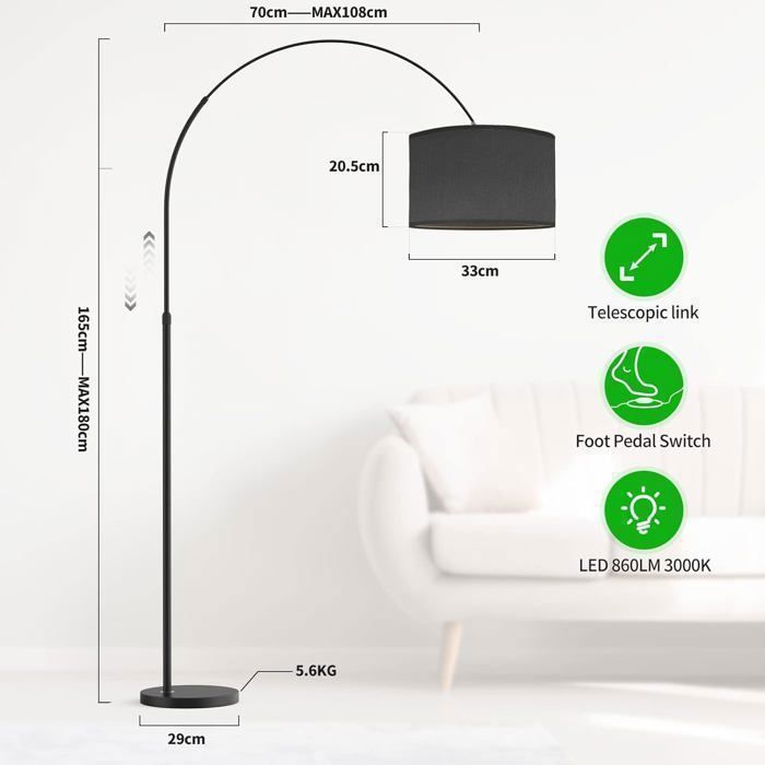 Modlicht Lampadaire Arc JASMIN | Lampe Classique avec Abat-jour Noir ...