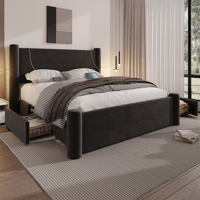 DRIPEX Lit double Noir 140×200cm en velours moderne,Lit rembourré avec ...