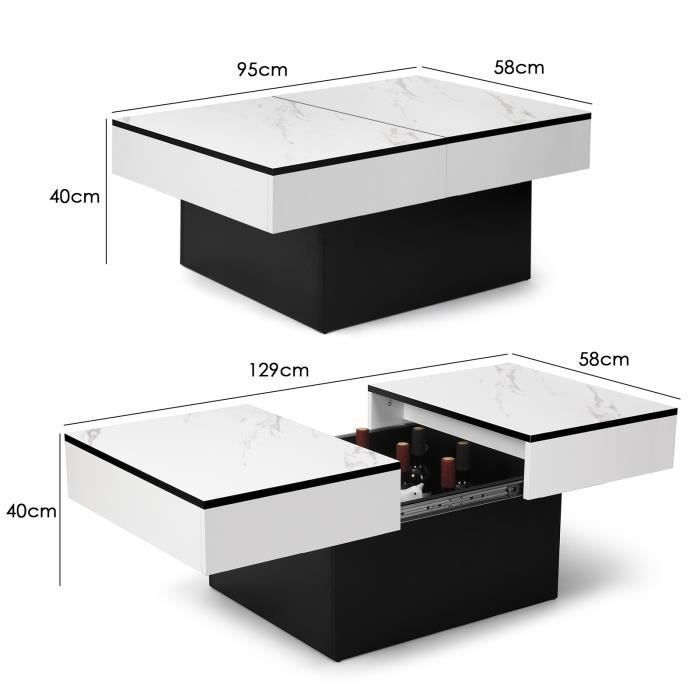 Table Basse - Bureau Extensible - VOWNER - avec 2 Espaces de Rangement ...