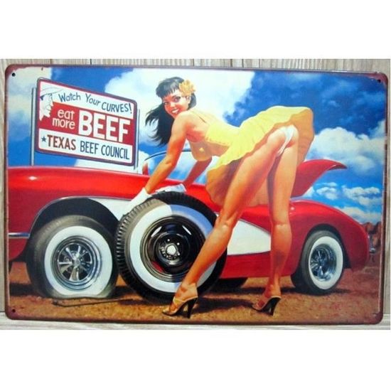 Cadre Tableau Plaque Murale Métal Pin Up Fille Voiture Vintage