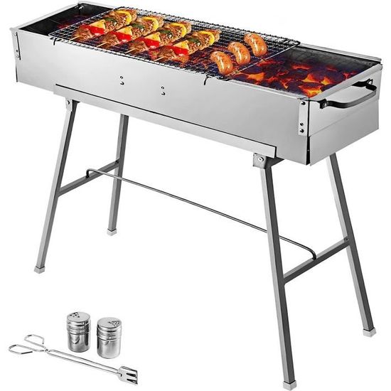 Grill Barbecue à Charbon de Bois Pliable en Acier Inoxydable avec 1 Grille à Gril, 1 Pince à ...