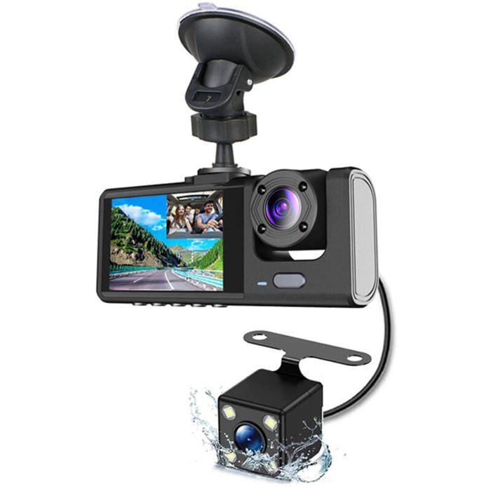 Dash cam 3 caméras 1080p+720p+480p rétroviseur intérieur vision ...