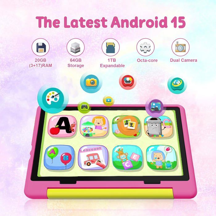 Tablette Enfant 10'' Android 15, 20(3+17)Go RAM, 64Go ROM, Extensible ...