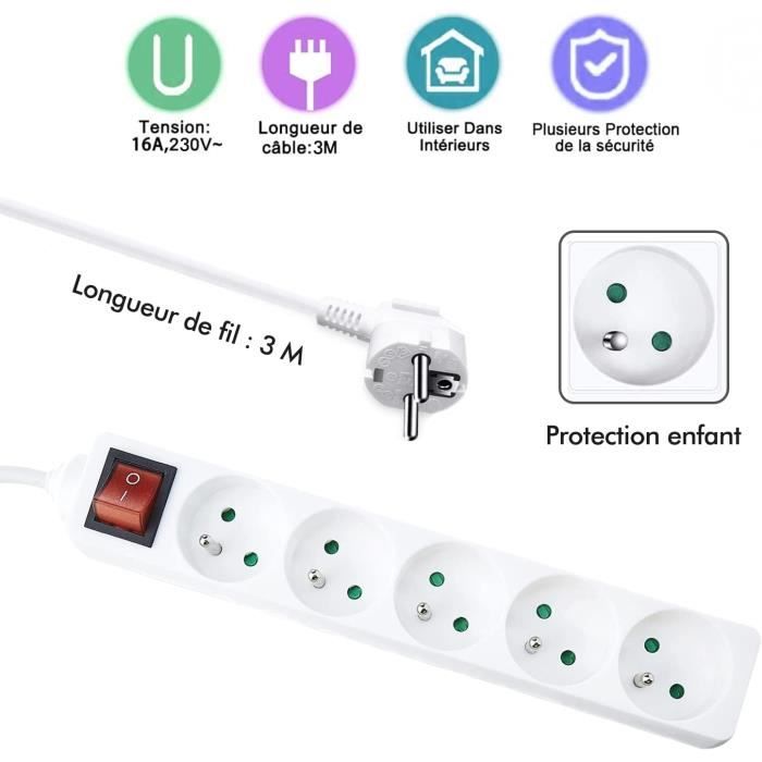 Basa Multiprise Avec Interrupteur, Rallonge Multiprises Électrique,2P+T ...