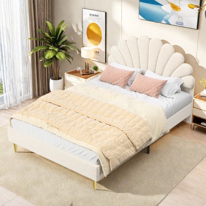 Lit double capitonné - TANANT - 140x200 cm - Velours beige - Tête de ...